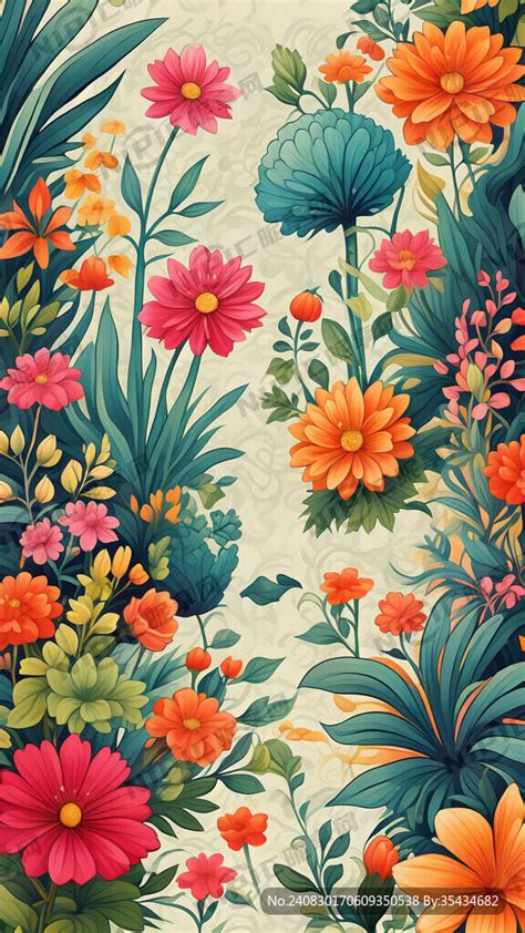 Ai创作图卡通扁平丰富颜色 花草植物元素 插画 昵图网
