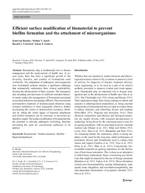 Pdf Efficient Surface Modification Of Biomaterial To Prevent Biofilm Formation And The