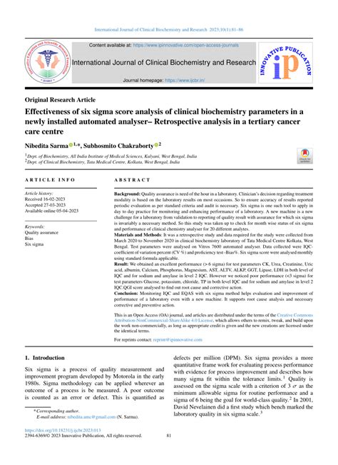Pdf Effectiveness Of Six Sigma Score Analysis Of Clinical