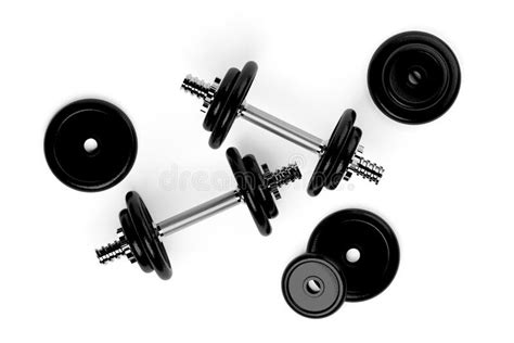 Dos Mancuernas Gimnasio Fitness Con Mango Cromado Y Placas Negras Sobre