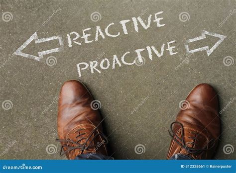 Reactive And Proactive Written On The Floor With Arrows Pointing In Opposite Directions Stock