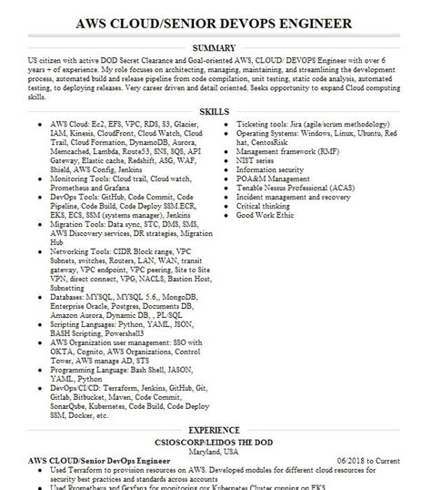 Aws Senior Devops Engineer Resume Example