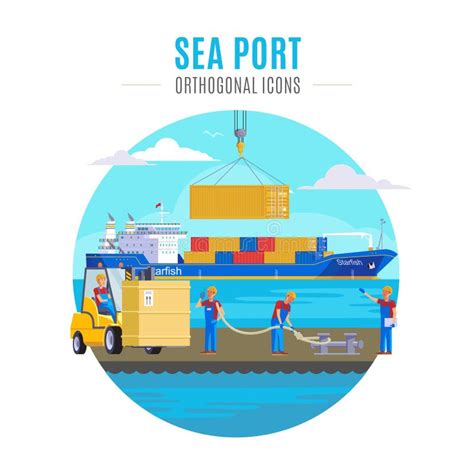 Iconos Ortogonales Del Puerto Marítimo Fijados Ilustración Del Vector