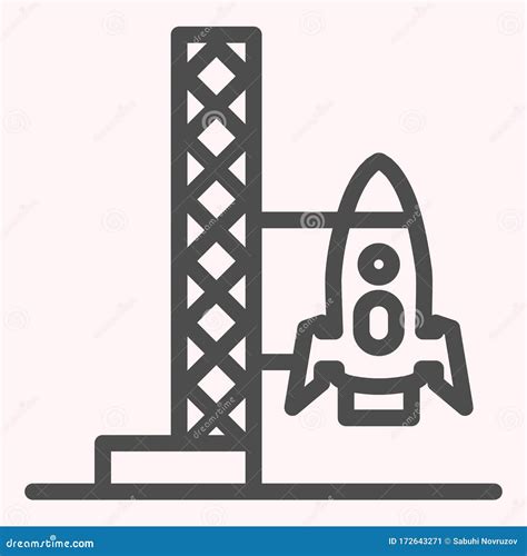 Rocket Launch Line Icon Spaceship With Ladder Stand Platform Astronomy Vector Design Concept