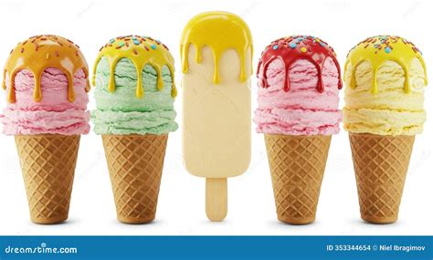 Colorful Ice Cream Cones And Popsicle With Dripping Toppings On White
