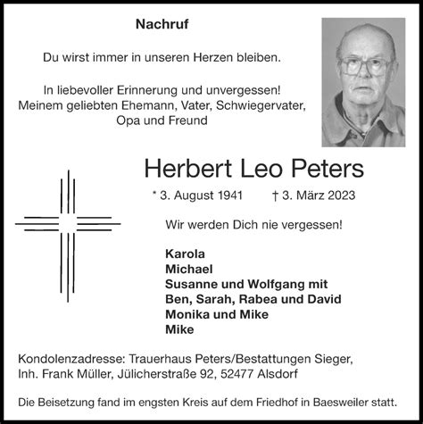 Traueranzeigen Von Herbert Leo Peters Aachen Gedenkt