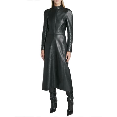 Solid Black Minimal Women Midi Leather Dress