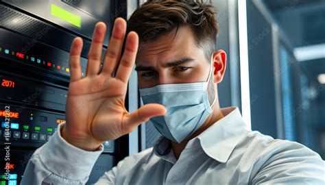 Technician In Server Hub Doing Face Palm Gesture Trying To Protect Hardware From Hacker