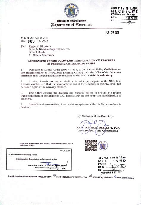 MEMORANDUM NO 005 S 2023 REITERATION ON THE VOLUNTARY PARTICIPATION