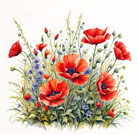 Poppy Flowerbed Clipart Poppies Meadow Wildflowers Watercolor Digital