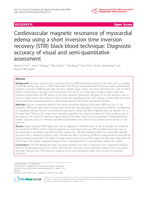 Pdf Cardiovascular Magnetic Resonance Of Myocardial Edema Using A Short Inversion Time