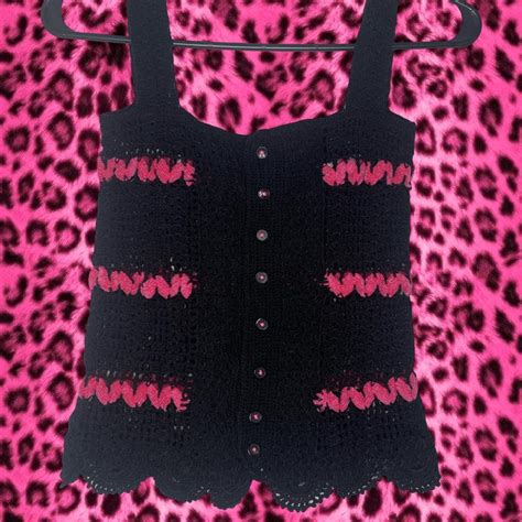 Vintage 2000s Crotchet Black And Pink Button Up Cami Depop