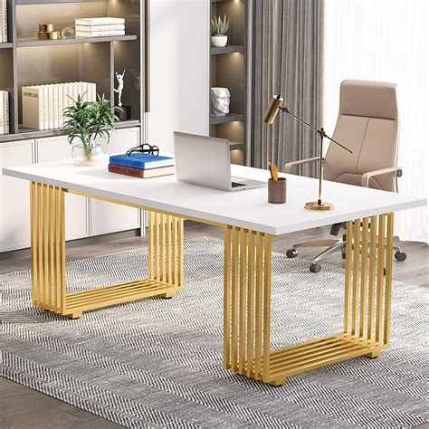 63 Executive Desk Modern White Home Office Computer Desk Large Computer Desk With Gold Metal
