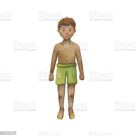 반바지에 검은 피부를 가진 소년이 흰색 배경에 고립되어 있습니다 섬 주민의 수채화 그림 어린 아이의 그림 여름을 모티브로 합니다