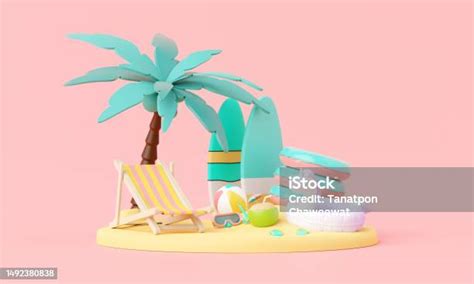 최소한의 서핑보드 섬 요소 배경 개념 제품 모형 또는 여름 분홍색 테마의 화장품을 위한 사실적인 디스플레이가 있는 여름 분홍색 휴가 해변 미니멀하고 귀여운 디자인 3d