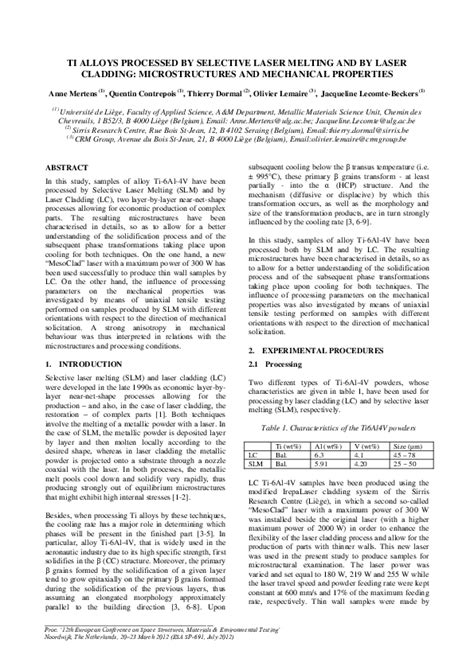 Pdf Ti Alloys Processed By Selective Laser Melting And By Laser Cladding Microstructures And