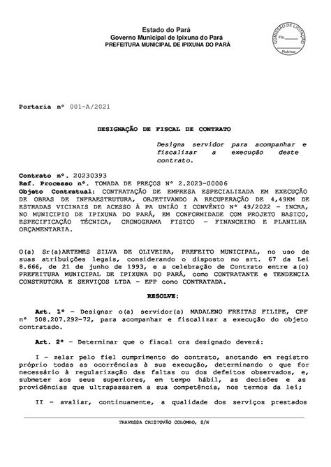 ATO DE DESIGNAÇÃO DE FISCAL DE CONTRATO Nº 20230393 Prefeitura