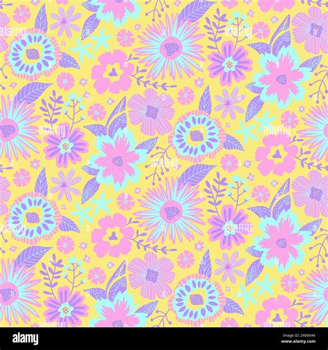 Floral Seamless Half Drop Pattern With Fantasy Leaves And Flowers In