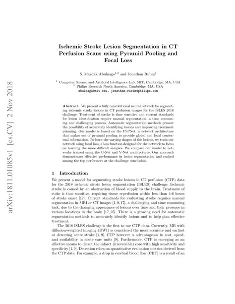 Pdf Ischemic Stroke Lesion Segmentation In Ct Perfusion Scans Using Pyramid Pooling And Focal Loss