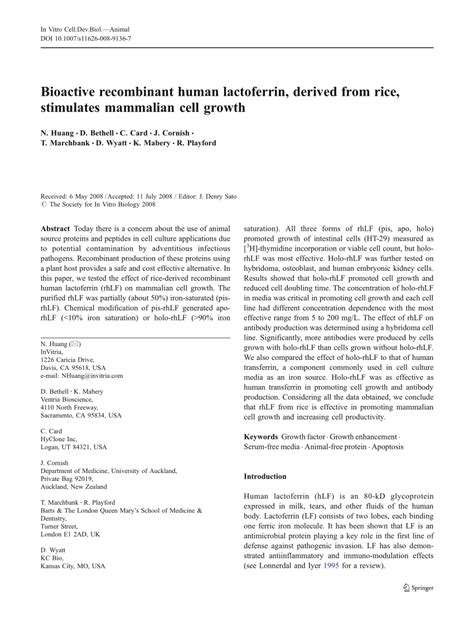 Pdf Bioactive Recombinant Human Lactoferrin Derived From Rice