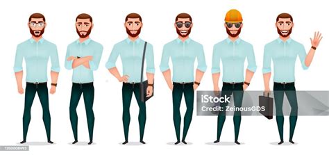 비즈니스 맨 자 문자 벡터 세트입니다 보스 직원 수집 작업자 디자인을 위한 친근한 표정을 가진 비즈니스 세일즈 맨과 엔지니어 캐릭터 건설 산업에 대한 스톡 벡터 아트 및
