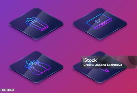 골판지 상자에 등극 라인 팝콘을 설정 볼링 핀 온라인 재생 비디오 및 마이크 파란색 정사각형 버튼 벡터 3차원 형태에 대한 스톡 벡터 아트 및 기타 이미지 Istock