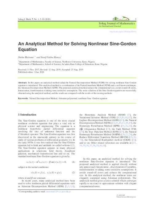 Pdf An Analytical Method For Solving Nonlinear Sine Gordon Equation