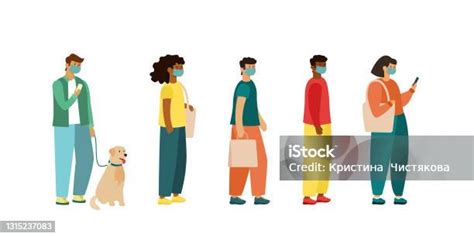 줄에 서 의료 마스크에 만화 아픈 사람들의 전체 길이 플랫 벡터 일러스트레이션 측면 보기 보호 마스크에 대한 스톡 벡터 아트 및 기타 이미지 Istock