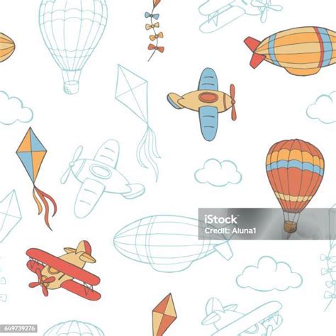 플 라 잉 비행기 풍선 연 구름 그래픽 컬러 스케치 완벽 한 패턴 일러스트 벡터 교통수단에 대한 스톡 벡터 아트 및 기타 이미지