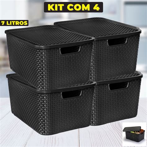 Kit 4 Cesto Caixa Organizadora Rattan Tampa 7 Litros Preto