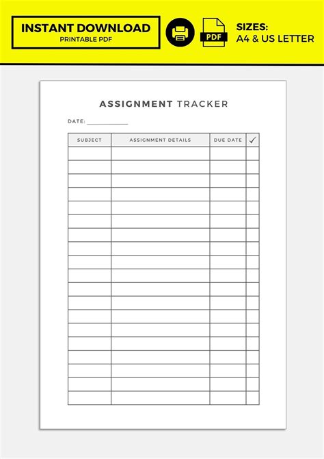 Assignment Tracker Assignment Tracker Printable Assignment Planner