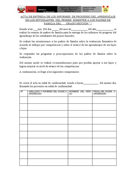 Acta De Entrega Del Informe De Progreso De Los Estudiantes Pdf