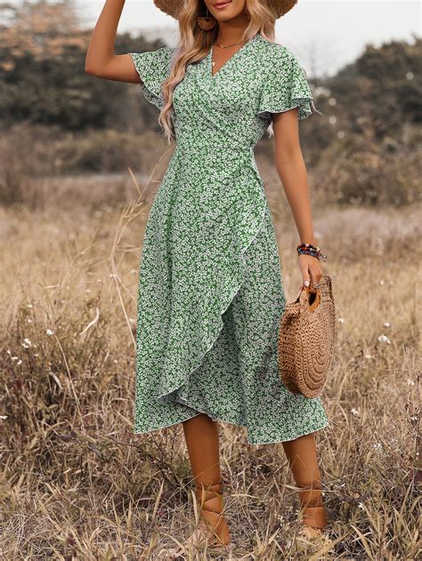Shein Vcay Ditsy Floral Print Butterfly Sleeve Wrap Dress Shein Uk