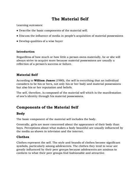 Gec 1 The Material Self Understanding The Self The Material Self Learning Outcomes Describe