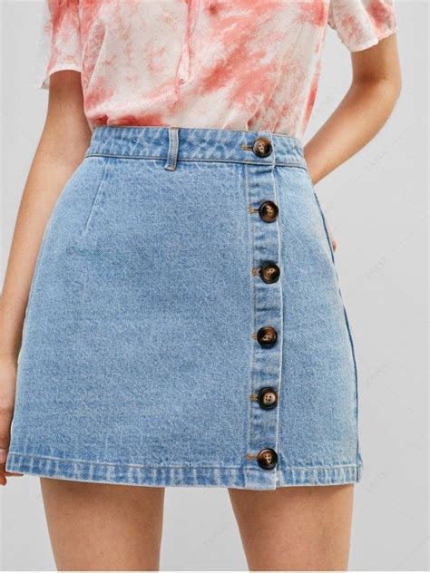 35 Off 2021 Zaful Button Fly Denim A Line Skirt In Denim Blue Zaful