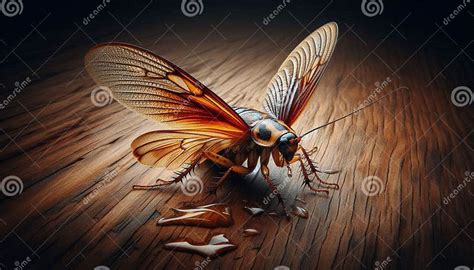 Cockroach With Open Wings On A Wooden Surface Stock Illustration
