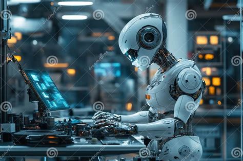 Robot Working at a Computer in a Futuristic Lab during Night Hours Stock Photo - Image of modern ...