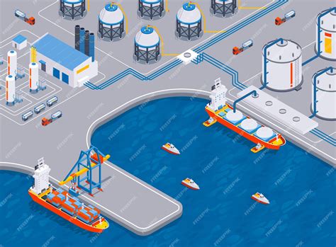 컨테이너 가스 탱크와 선박 벡터 삽화가 있는 해양 터미널의 야외 전망이 있는 아이소메트릭 압축 가스 구성 무료 벡터