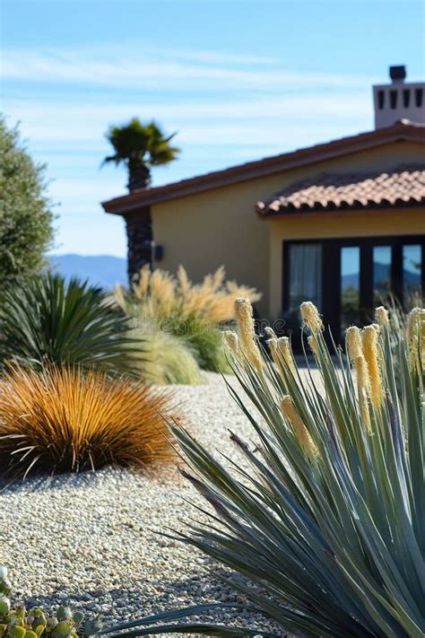 Drought Tolerant Xeriscaping In A Sunny Residential Garden Stock Image