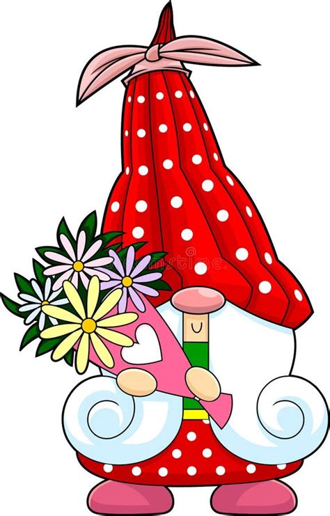 Cute Female Gnome Cartoon Character Holding A Bouquet Stock Vector