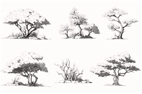 Premium Ai Image Minimal Style Cad Tree Line Drawing Side View Set Of Graphics Trees Elements