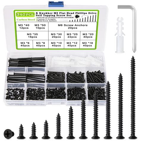 340pcs M3 Self Tapping Screws Assortment Kit Phillips Tips Flat Head
