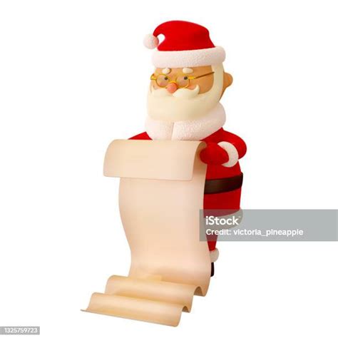산타 클로스는 흰색 배경에 고립 된 위시 리스트 스크롤을 들고있다 3d 렌더 3차원 형태에 대한 스톡 사진 및 기타 이미지 3차원 형태 리스트 산타 클로스 Istock