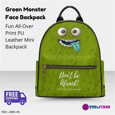 Green Monster Face Little Backpack Fun All Over Print Leather Street