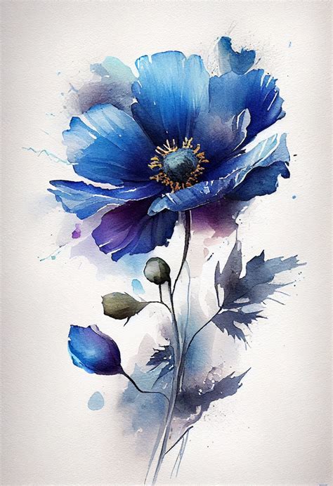 Blue Anemone Flower Art Print Botanical Watercolors Illustration
