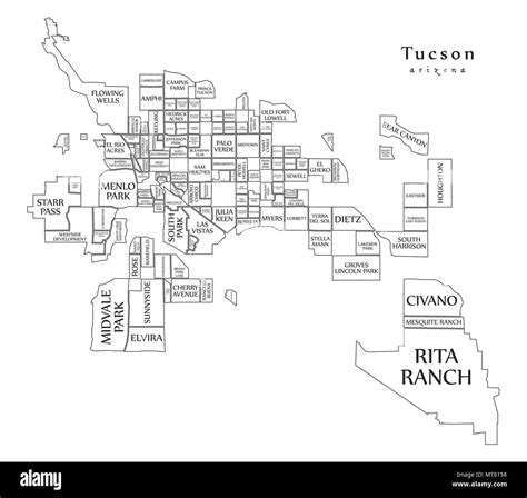 Modern City Map Tucson Arizona City Of The Usa With Neighborhoods And
