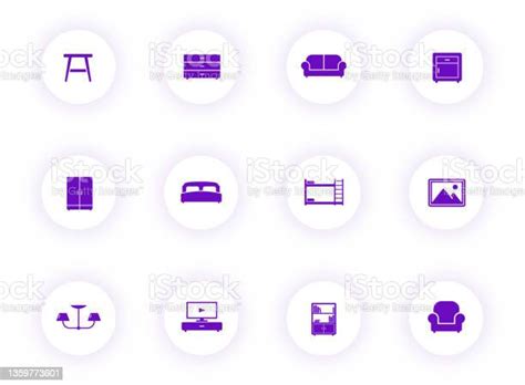 보라색 그림자가있는 밝은 둥근 버튼에 가구 보라색 색상 벡터 아이콘 웹 모바일 앱 Ui 디자인 및 인쇄용 가구 아이콘 세트 소파에 대한 스톡 벡터 아트 및 기타 이미지
