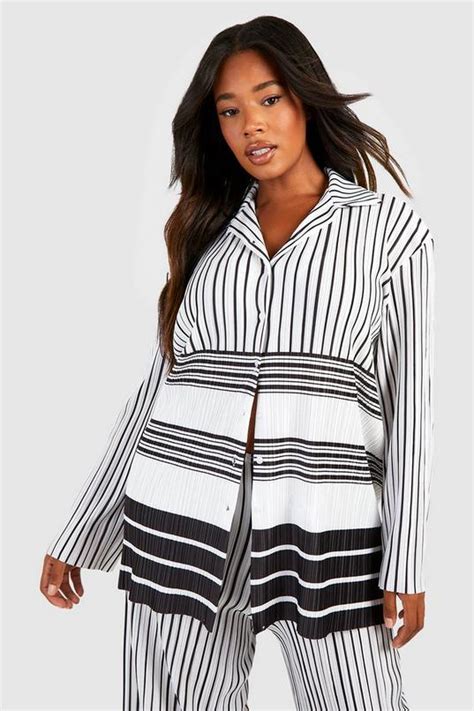 Plus Stripe Plisse Oversized Shirt Boohoo Uk