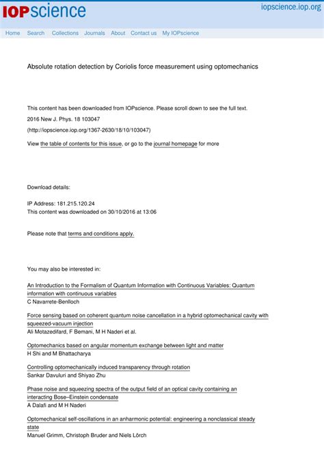PDF Absolute Rotation Detection By Coriolis Force Measurement Using Optomechanics
