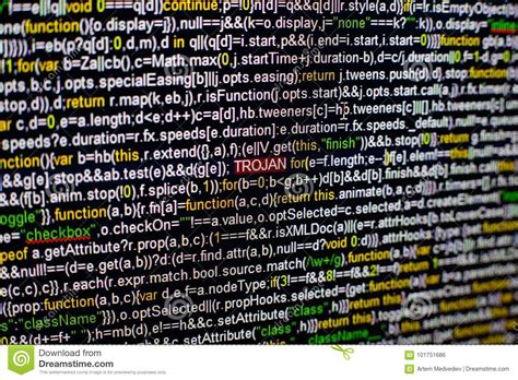 Macro Photo Of Computer Screen With Program Source Code And Highlighted Trojan Inscription In